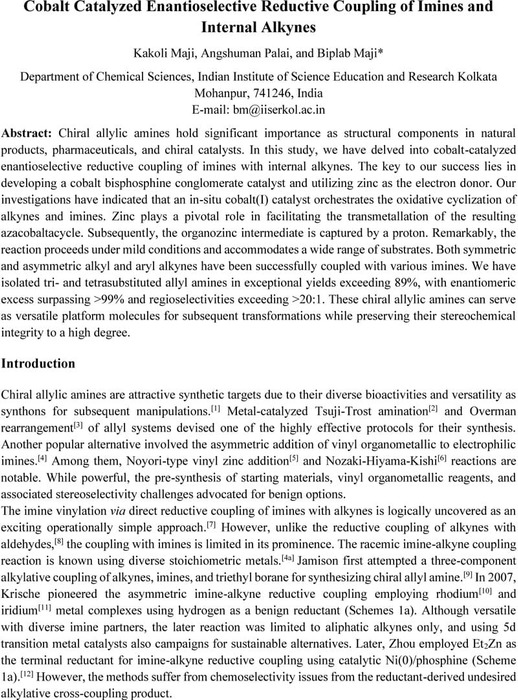 Cobalt Catalyzed Enantioselective Reductive Coupling Of Imines And